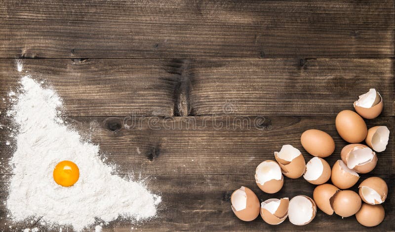 Food Background Flour Eggs Wooden Kitchen Table Stock Image - Image of ...