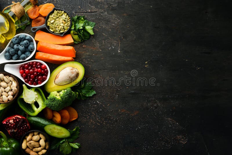 Food Background: Fruits, Vegetables and Berries on the Old Kitchen ...