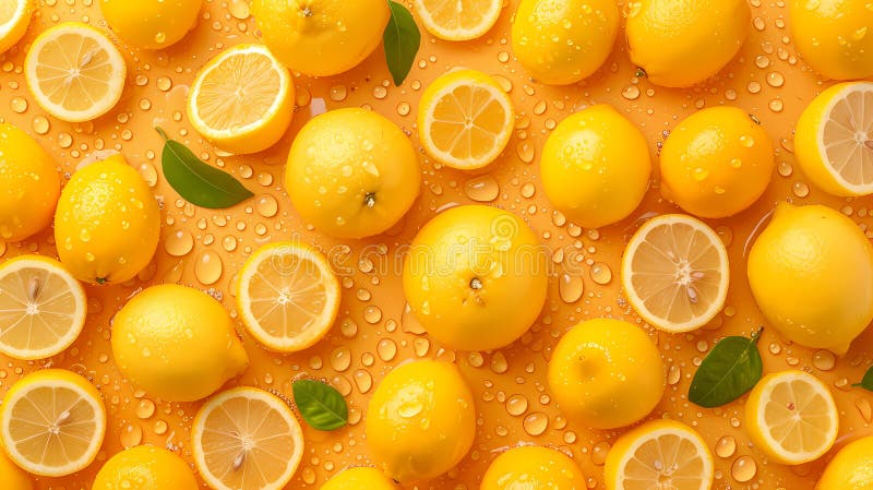 Food Background with Lemons in Water Drops - a Group of Lemons and ...