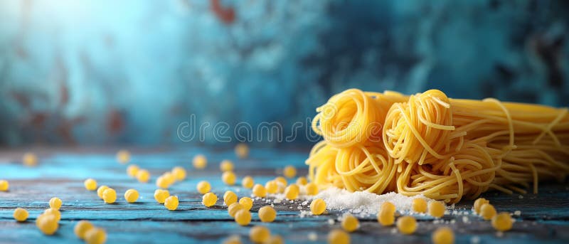 Food Background with Spaghetti Recipe Ingredient on Blue Texture ...