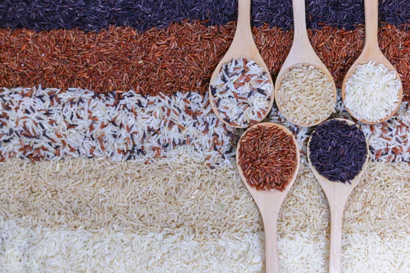 Food Background with Top View of Five Rows of Rice in a Wooden Spoon ...