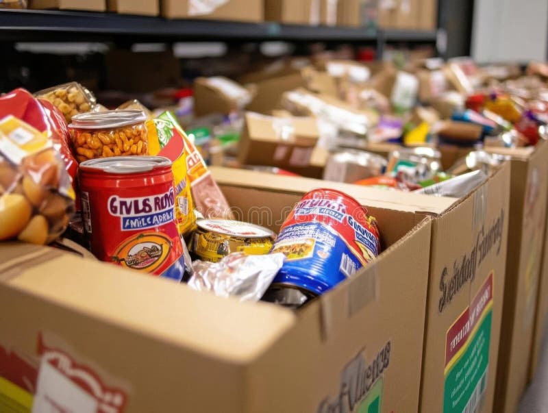 Food Bank Boxes, Donated Goods for Community Needs Stock Illustration ...