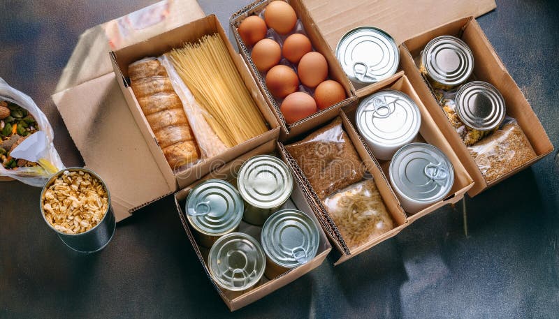 Food Bank Humanitarian Aid in Donation Boxes Stock Illustration ...