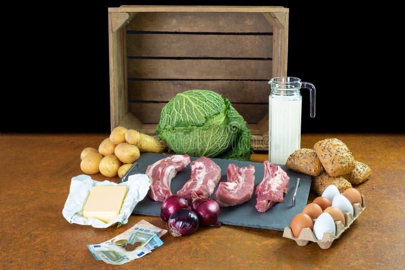 Basic Foods in Front of Wooden Fruit Box. Euro Banknotes in the ...