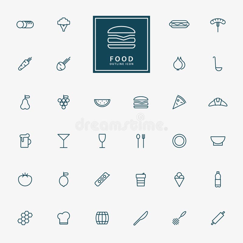 32 Food and Beverage Minimal Outline Icons Stock Vector - Illustration ...