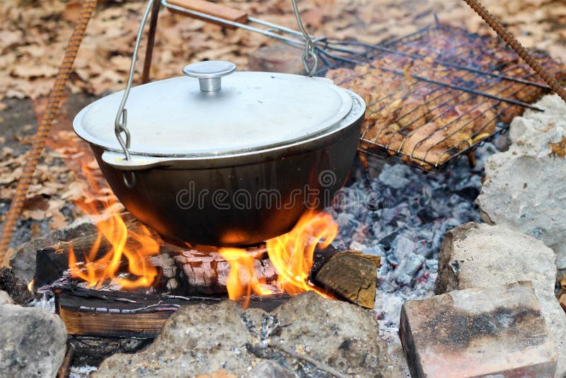 Food in the Cauldron on the Fire in the Forest Stock Image - Image of ...