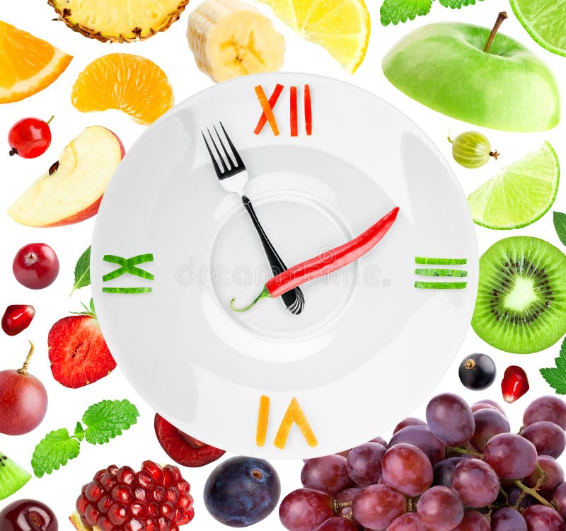 Food clock with fruit stock image. Image of plate, green - 53464257