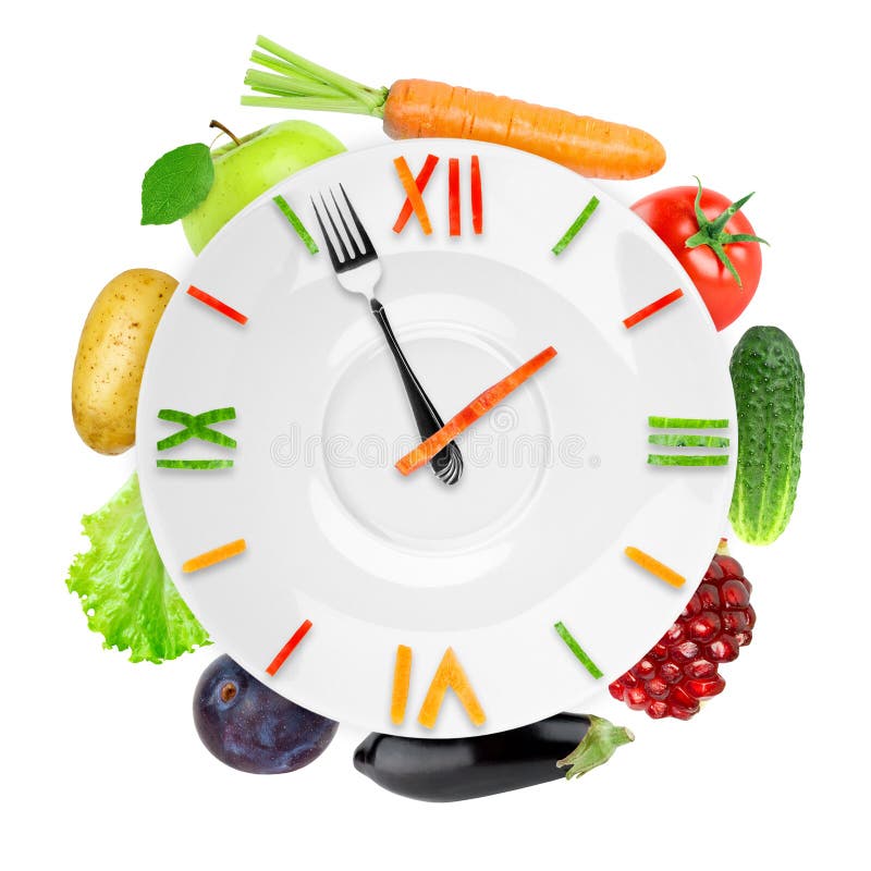 Food Clock with Fruits and Vegetables Stock Photo - Image of fork ...