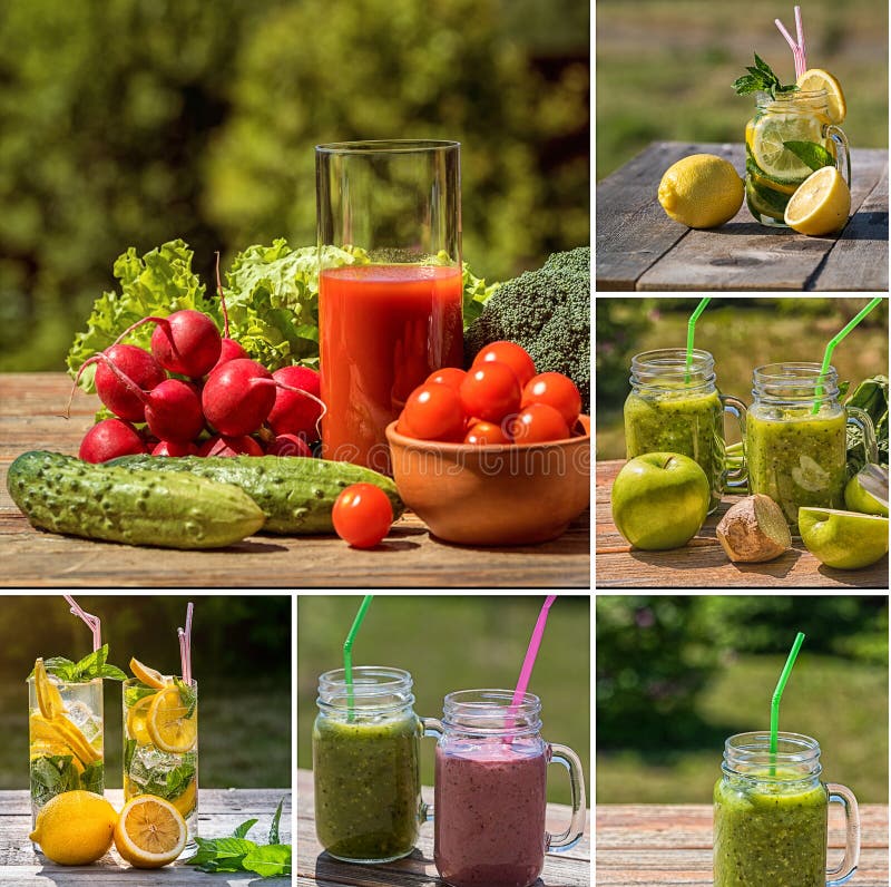 Food Collage with Fresh Fruit, Drinks, Smoothie and Vegetables. Food ...