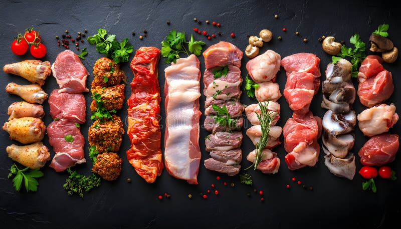 Food Collage of Various Fresh Meat and Chicken, Top View Stock Photo ...