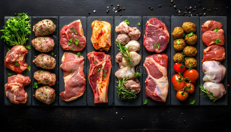 Food Collage of Various Fresh Meat and Chicken, Top View Stock Photo ...