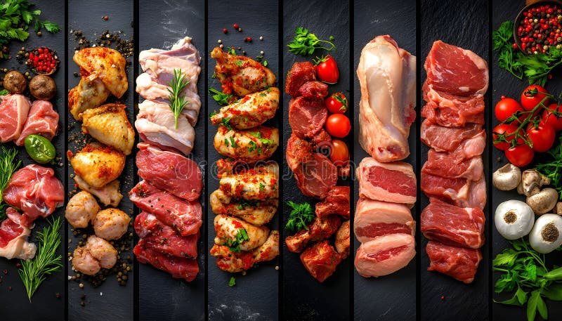 Food Collage of Various Fresh Meat and Chicken, Top View Stock Photo ...
