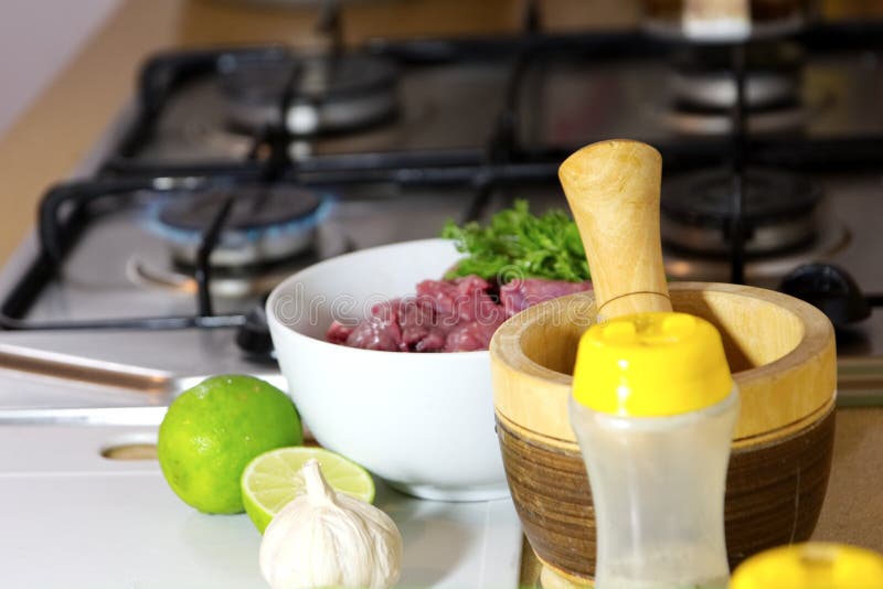 Food Condiments and Bowl with Meat at a Kitchen Stock Photo - Image of ...