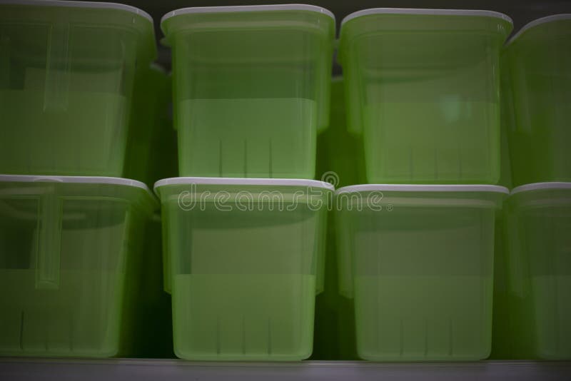 Food Containers in Store. Plastic Boxes. Food Storage Tanks Stock Image ...