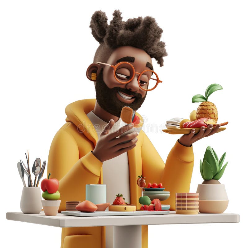 A Food Content Creator Reviewing Foods on Table - 3D Illustration Stock ...
