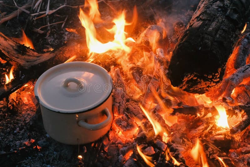 Food is Cooked on the Bonfire in a Pot. Stock Photo - Image of outside ...