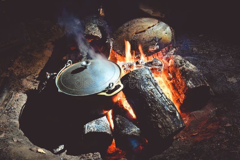 Food is Cooked in a Pot on a Fire Stock Image - Image of firewood, fire ...