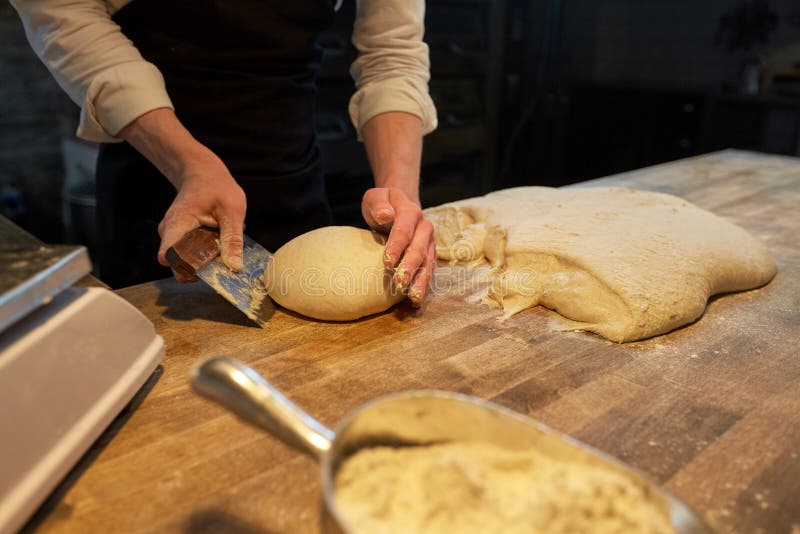 Baker Portioning Dough with Bench Cutter at Bakery Stock Image - Image ...