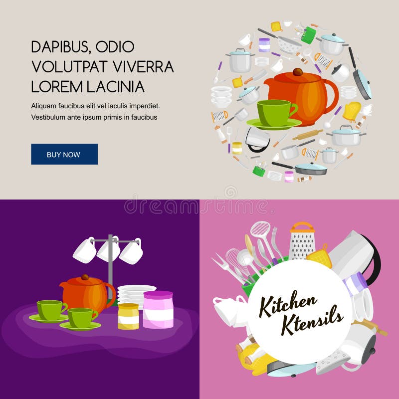 Food and Cooking Banner Set with Kitchenware Utensils Stock Vector ...