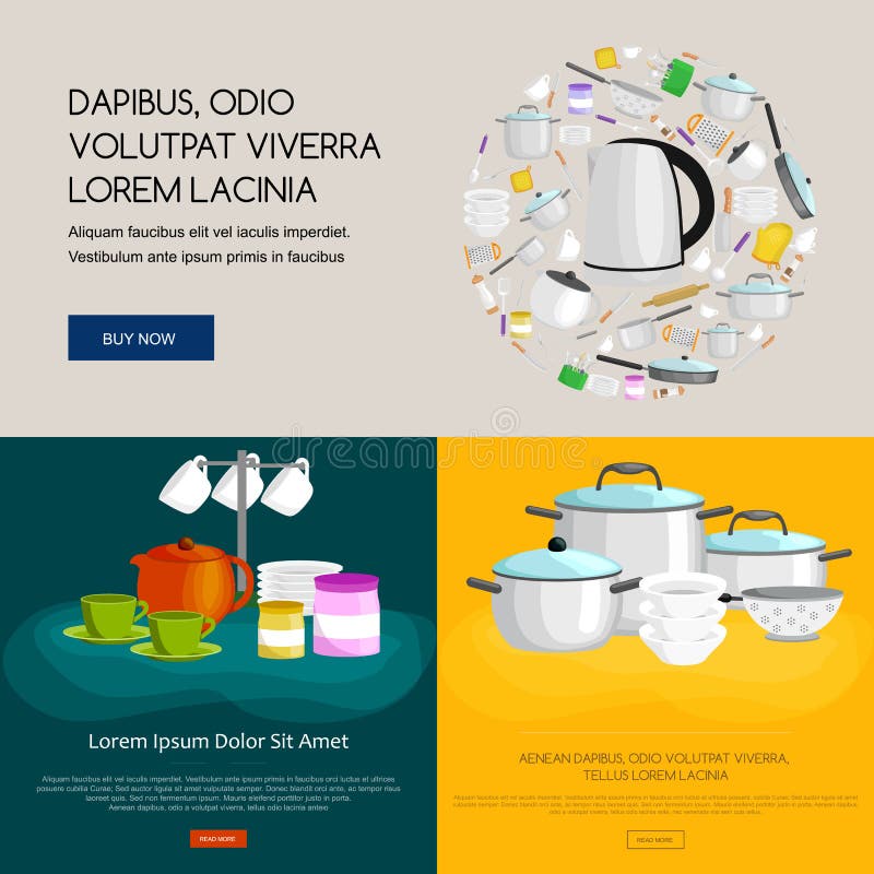 Food and Cooking Banner Set with Kitchenware Utensils Stock Vector ...