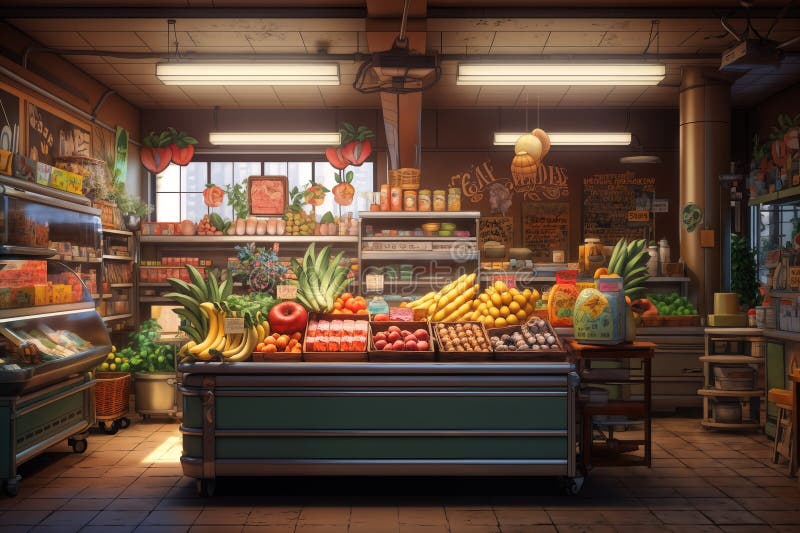 Food Counter in the Store, Interior Stock Illustration - Illustration ...