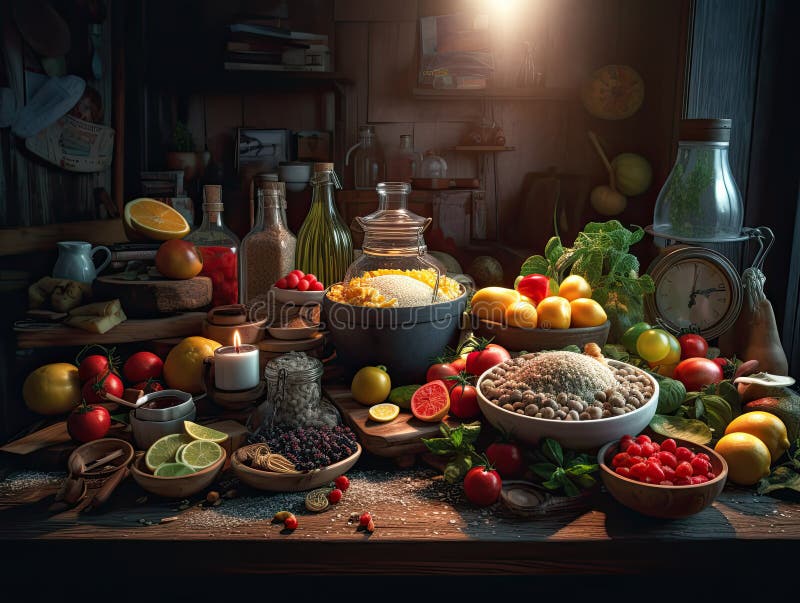 Food and Cuisine Concept with Colorful Array of Fresh Ingredients and ...