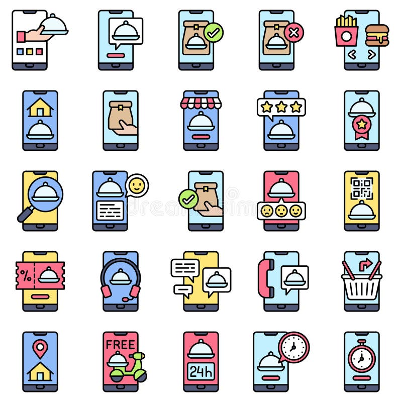 Food Delivery Application Filled Vector Icons Set Stock Vector ...