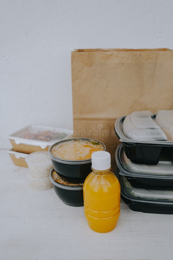 Food Delivery. Black Food Containers, Juice Bottle Stock Photo - Image ...