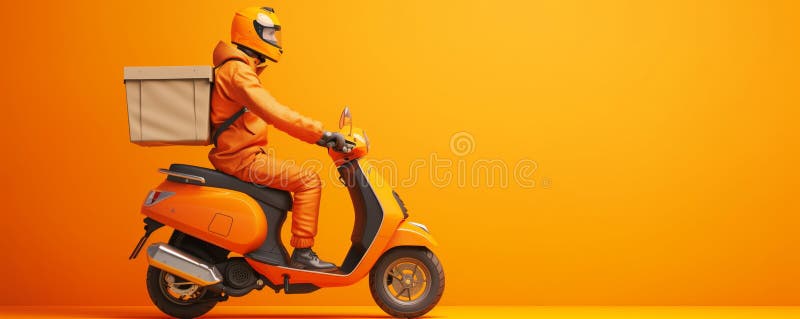 Food Delivery Courier Rides a Scooter, Side View with Copy Space. Stock ...