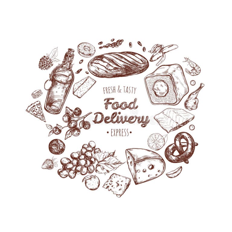 Food Delivery Frame. Vector Hand Drawn Stock Vector - Illustration of ...