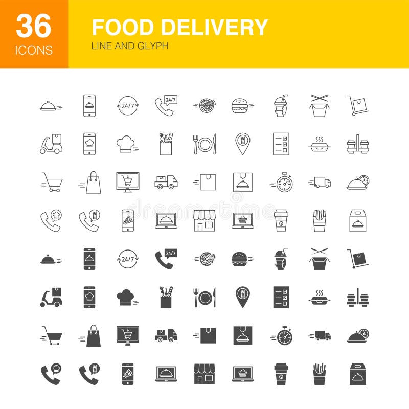 Food Delivery Line Web Glyph Icons Stock Vector - Illustration of icon ...