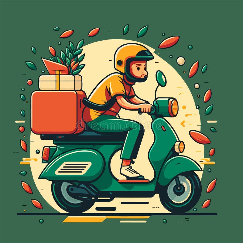 Food Delivery Man Riding Scooter Motorcycle Illustration Flat Style