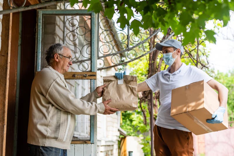 Food Delivery Man To an Elderly Man Stock Image - Image of father ...
