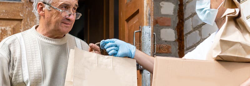 Food Delivery Man To an Elderly Man Stock Photo - Image of health ...