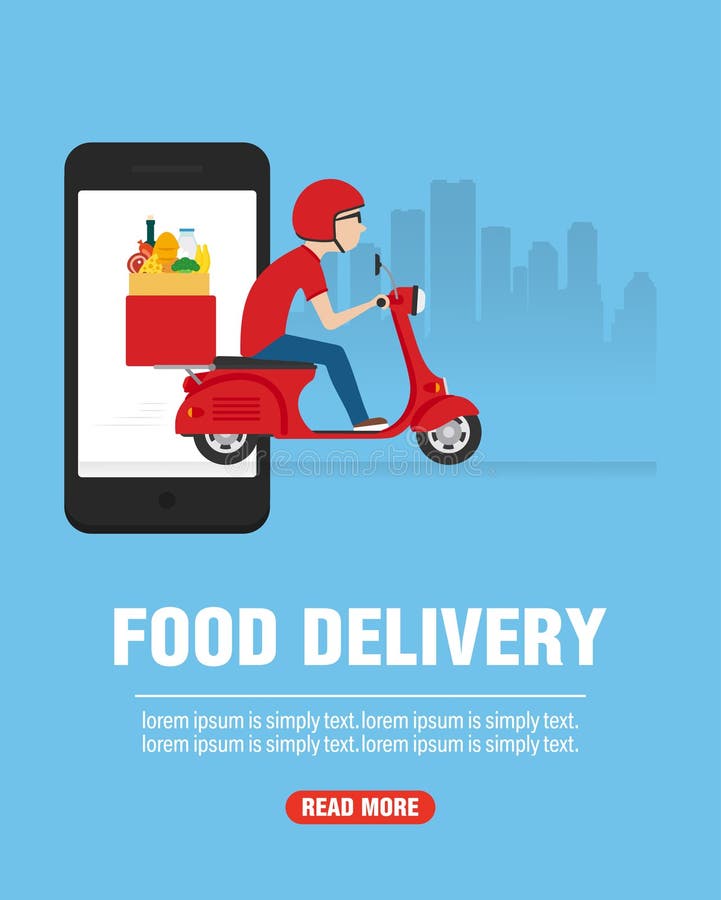 Food Delivery on a Motorcycle. Delivery Concept Design Flat Stock ...