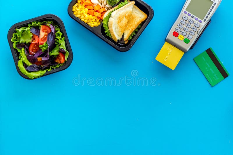 Food Delivery Payment with Terminal and Lunch Boxes with Meal Stock ...