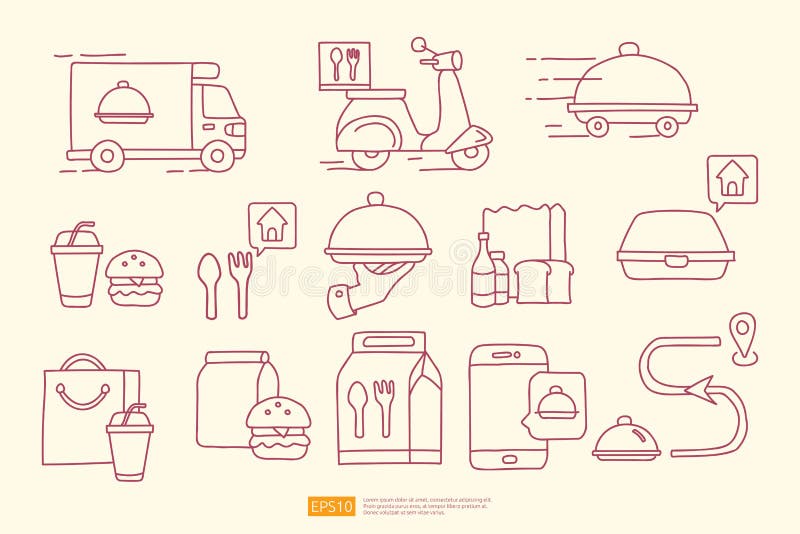 Food Bag, Food Truck Doodle. Set of Food Delivery Service Related ...