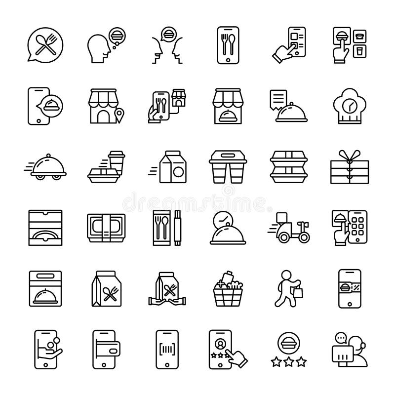 Food Delivery Service 36 Outline Icons Stock Vector - Illustration of ...