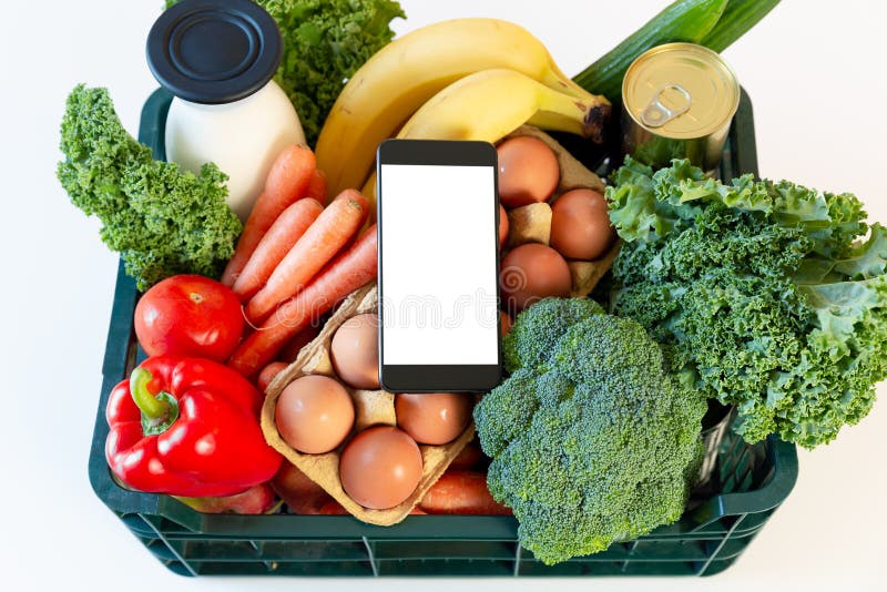 Food Delivery Service - Smartphone on the Box of Groceries Stock Image ...