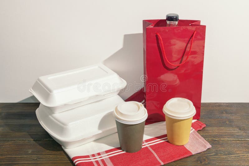 Food Delivery Service. Takeout Containers on Rustic Table. Copy Space ...