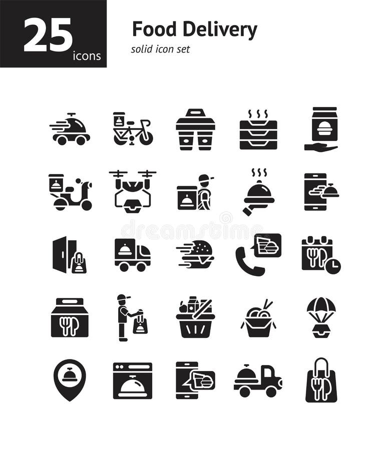 Food Delivery Solid Icon Set. Stock Vector - Illustration of bicycle ...