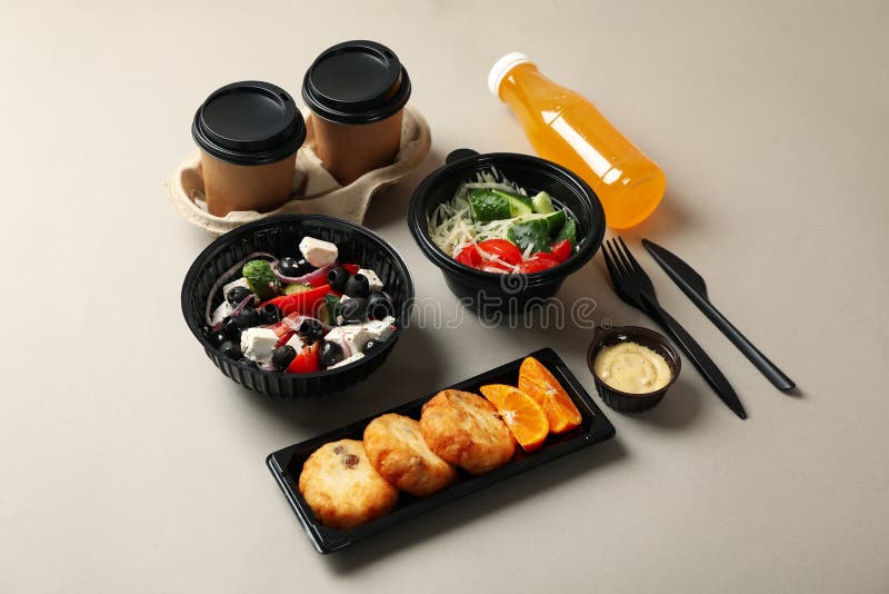 Food Delivery Food in Takeaway Boxes on Gray Background Stock Image ...