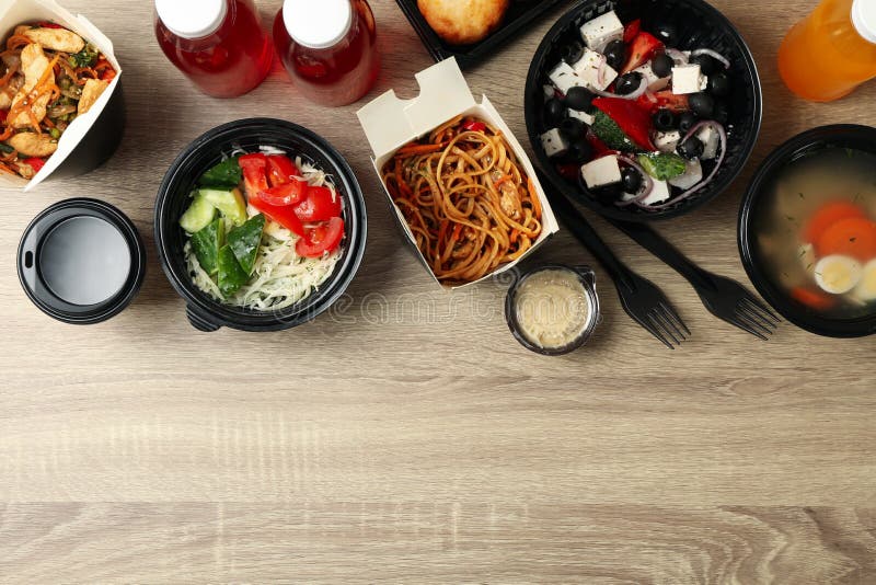 Food Delivery Food in Takeaway Boxes on Wooden Table Stock Image ...