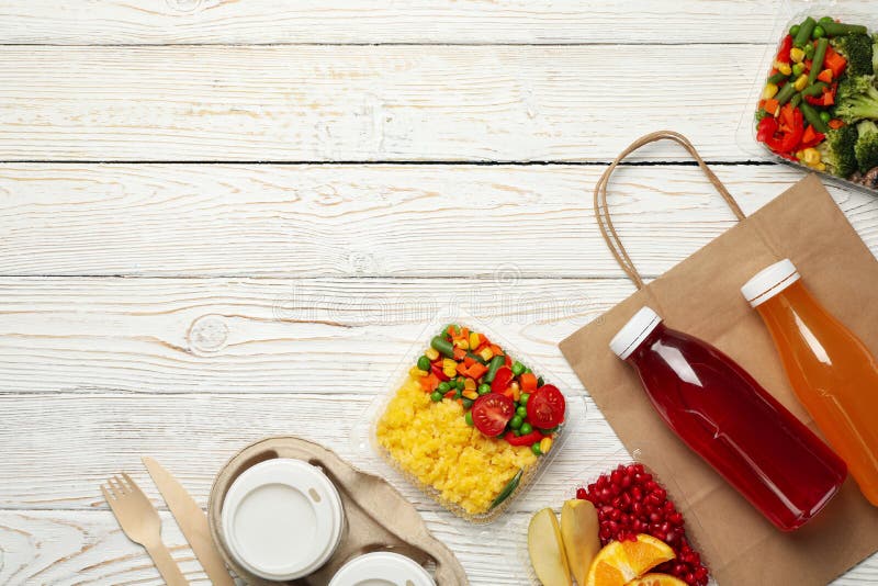 Food Delivery Food in Takeaway Boxes on Wooden Table Stock Image ...