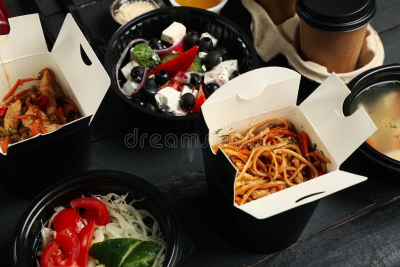 Food Delivery Food in Takeaway Boxes on Wooden Table Stock Image ...