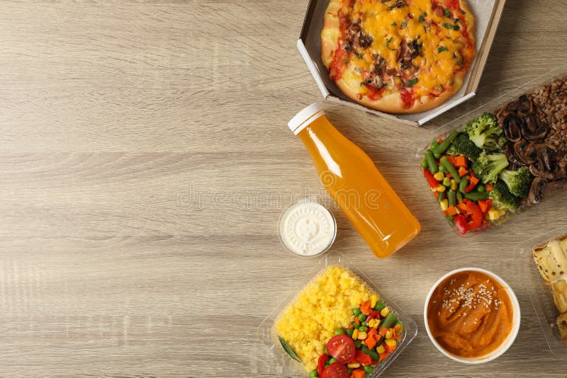 Food Delivery Food in Takeaway Boxes on Wooden Table Stock Photo ...