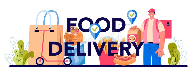 Food Delivery Typographic Header. Courier in Uniform with a Papper ...