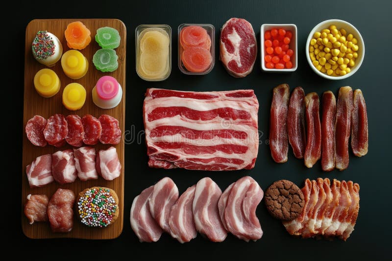 Food Display with Various Meats and Condiments Stock Image - Image of ...
