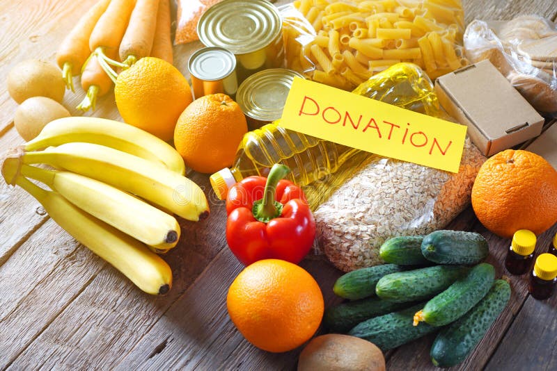 Food Donation Background with Food Assortment on the Wooden Table Stock ...