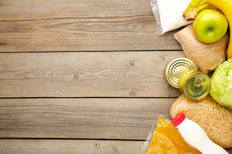 Food Donations on the Grey Background. Top View Stock Photo - Image of ...